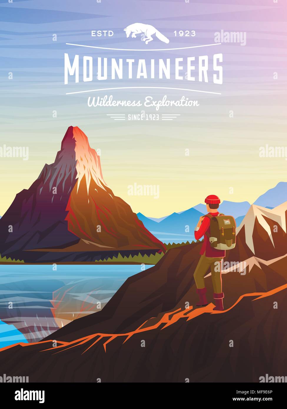 Mountains Peaks card or brochure. Tourism on nature. Landscape early in ...