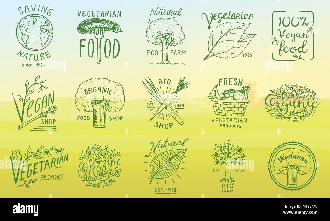 Healthy Organic food logos set or labels and elements for Vegetarian ...