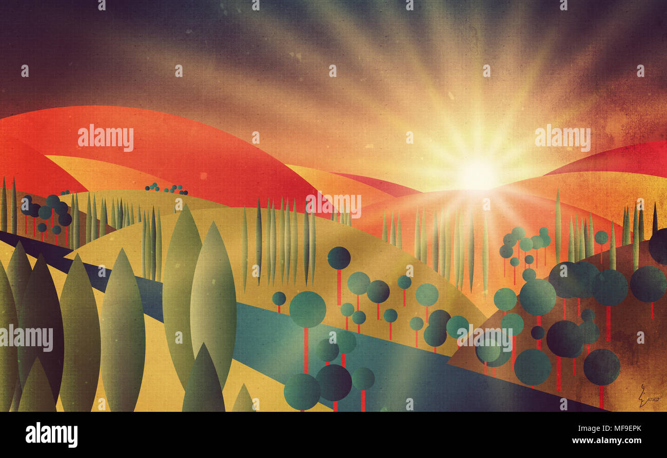 Illustration of a landscape in golden ratio. Hills and a river ...