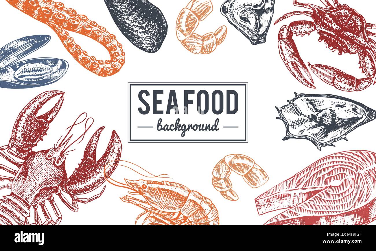 Seafood background. Crustaceans, shrimp, lobster or crayfish, crab with ...