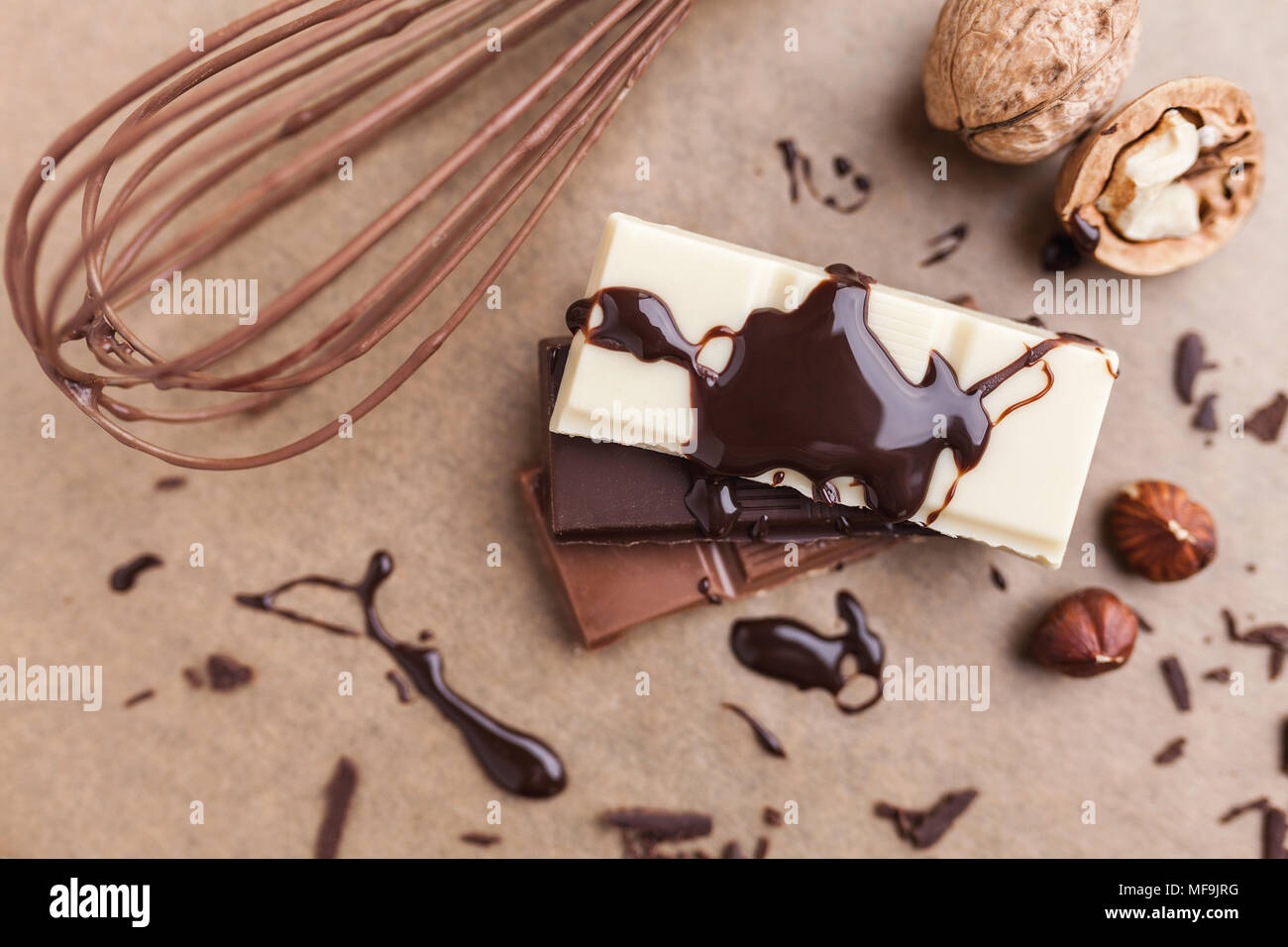 Variety of delicious chocolate bars with melted chocolate Stock Photo ...