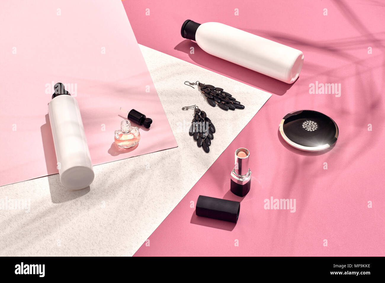 Fashionable Women's Cosmetics and Accessories. Flat Lay. Pink and white ...