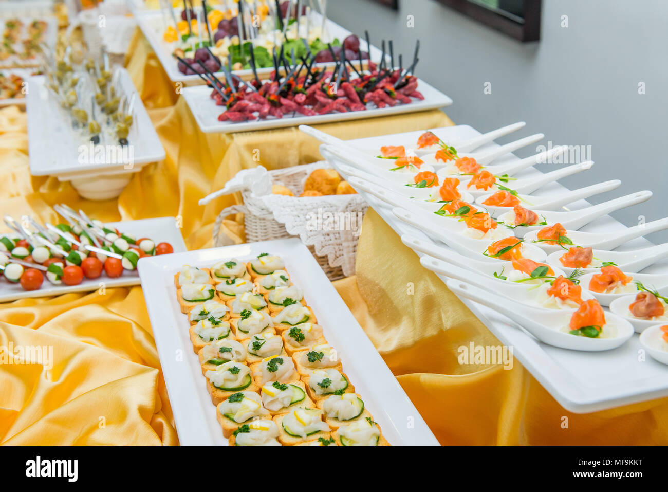 Catering table with dishes and snacks on the business event in the ...