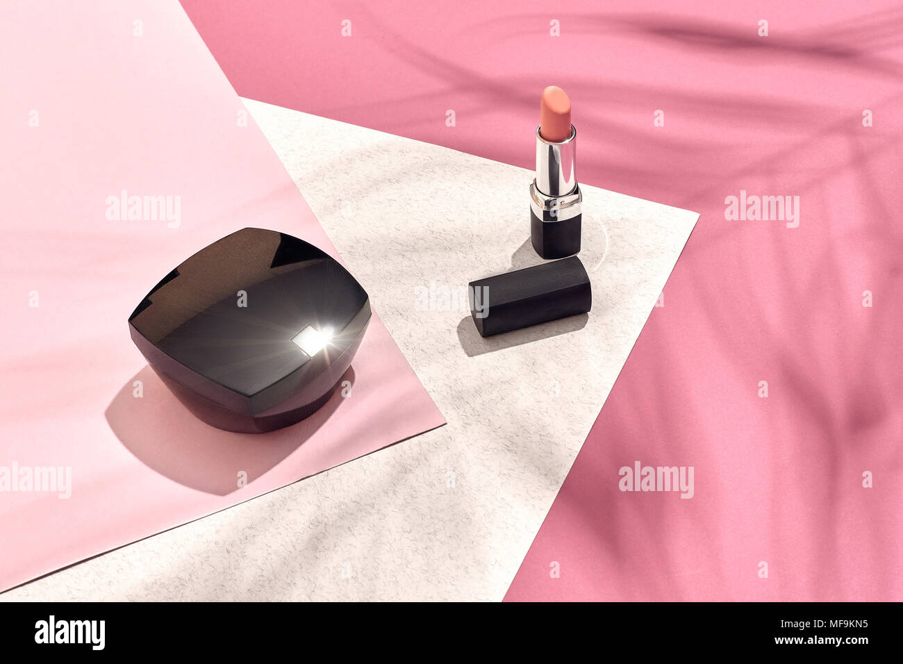 Fashionable Women's Cosmetics and Accessories. Flat Lay. Pink and white ...