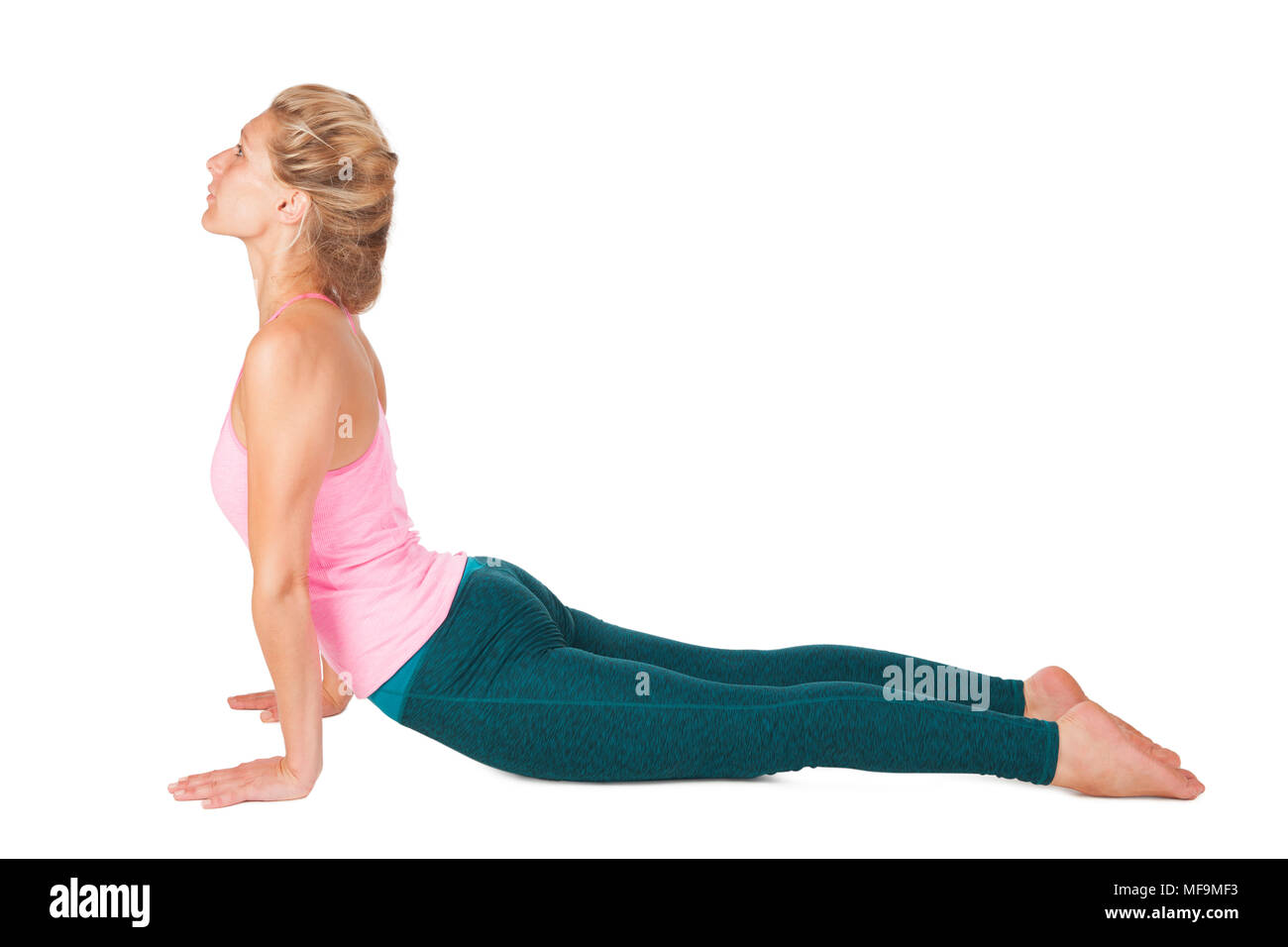 Full Body Side View of a Young Woman in Yoga Position Cobra on White ...