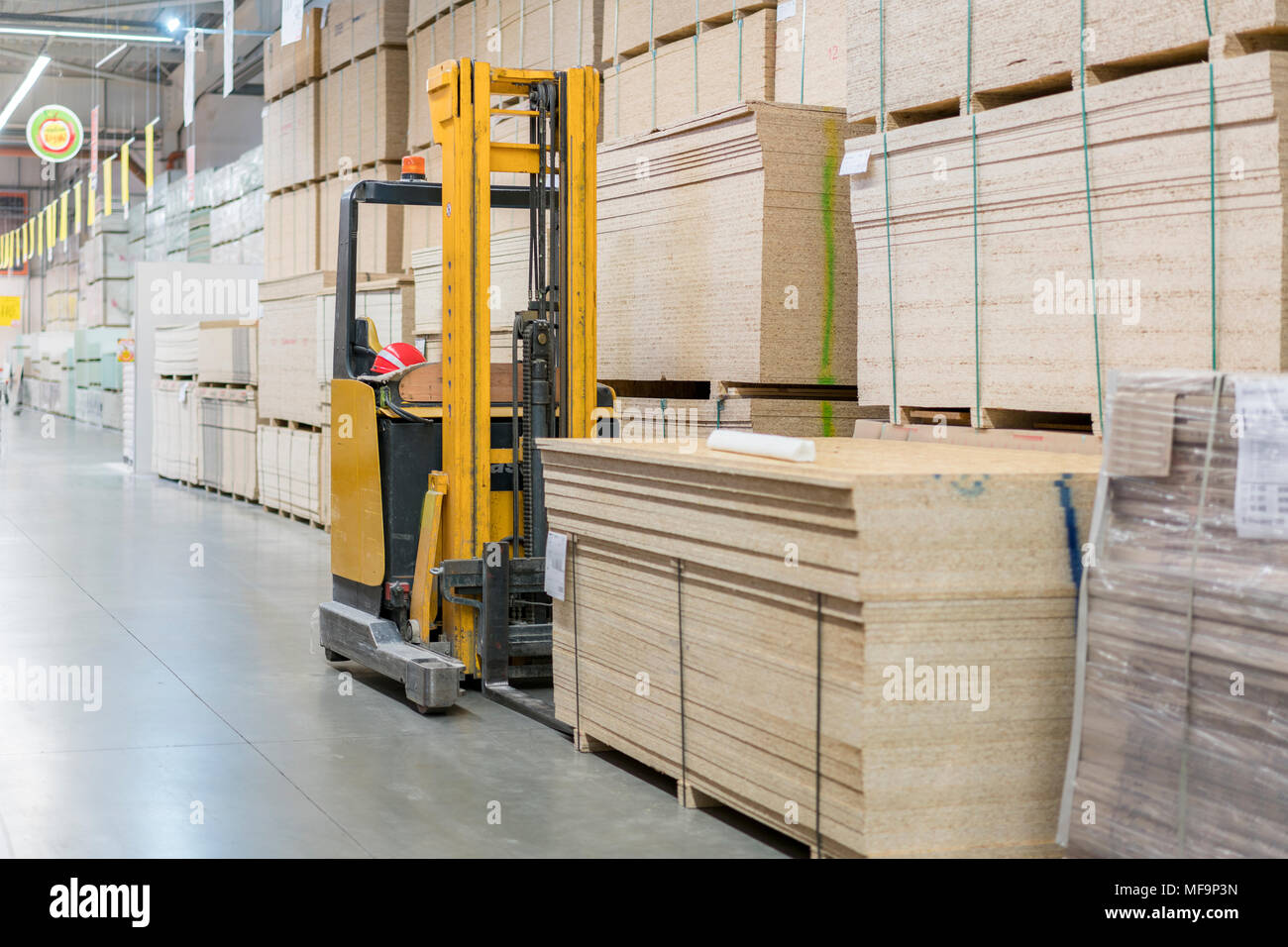 forklift loader pallet Building materials warehouse, logistics concept ...