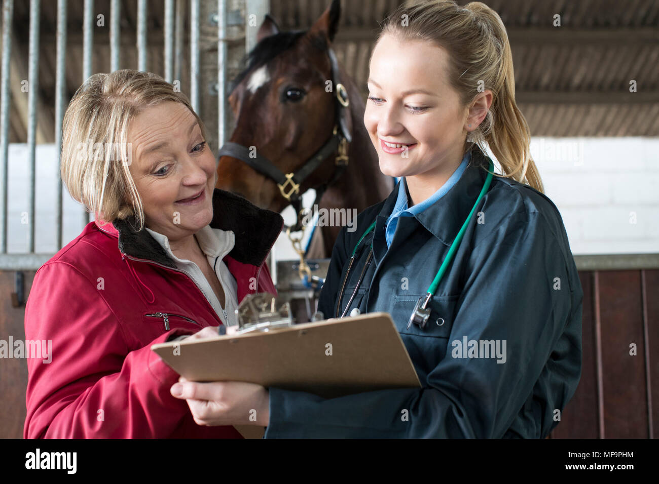 Female Vet Discussing Medical Exam Results With Horse Owner In Stables ...