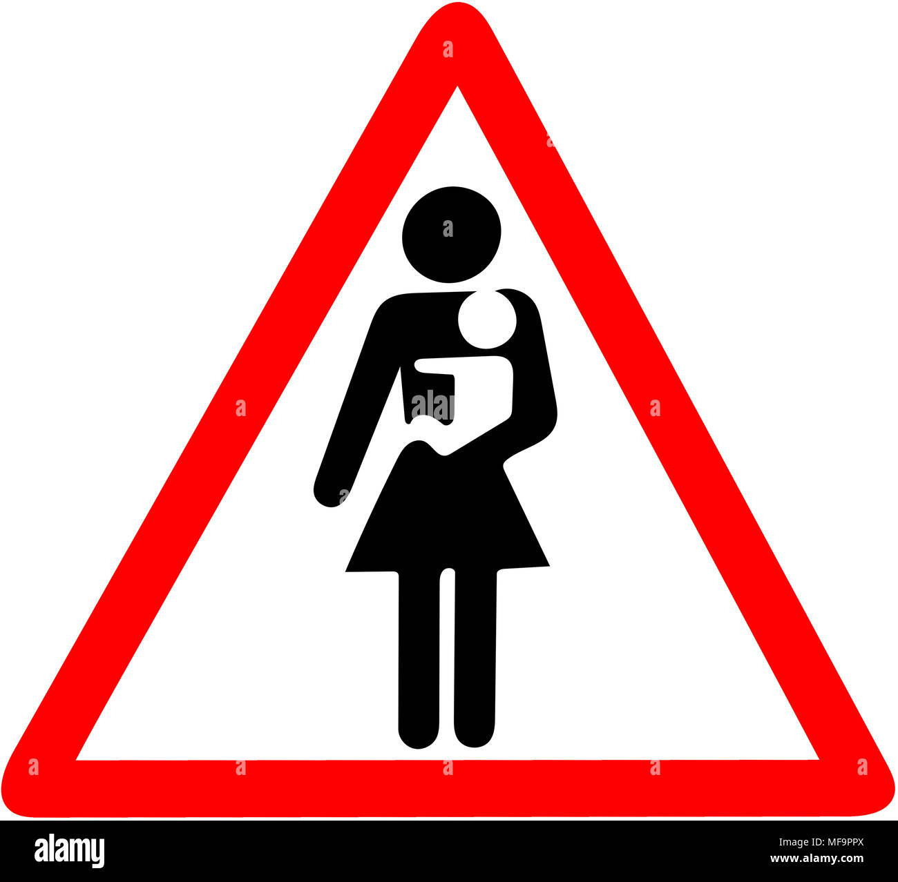 Caution Mother holding baby may seen red triangular warning road sign ...