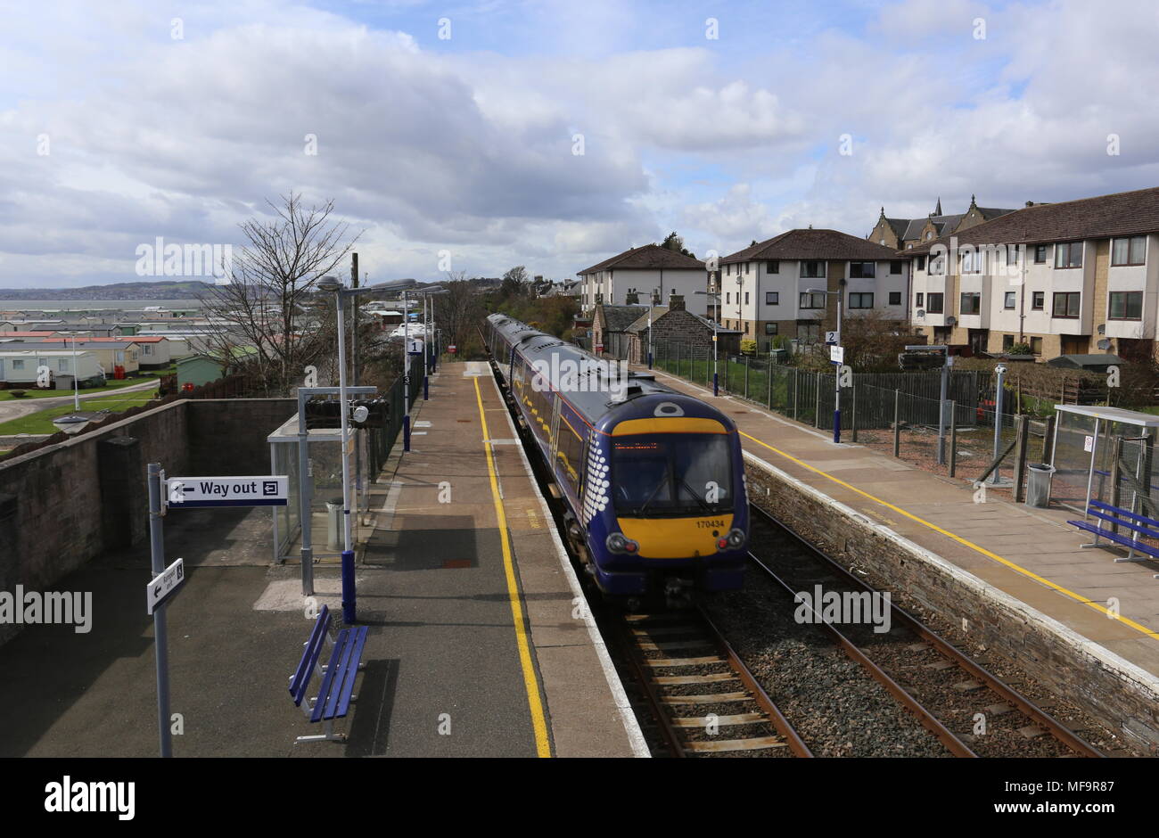 Elevated view of Scotrail train at Monifieth Railway Station Angus ...