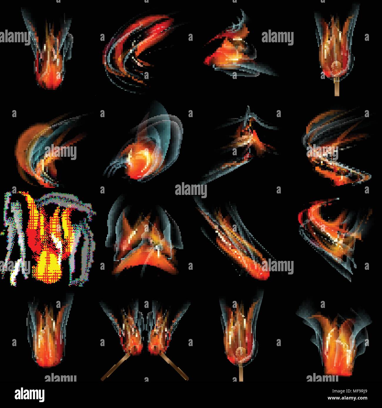 Set of Flames of different shapes on a black background. EPS10. Mesh ...