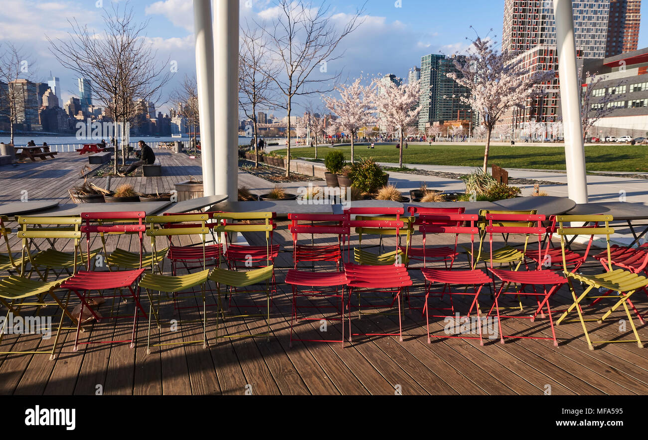 Chairs and tables at the Landing Cafe, Gantry State Park in Long Island ...