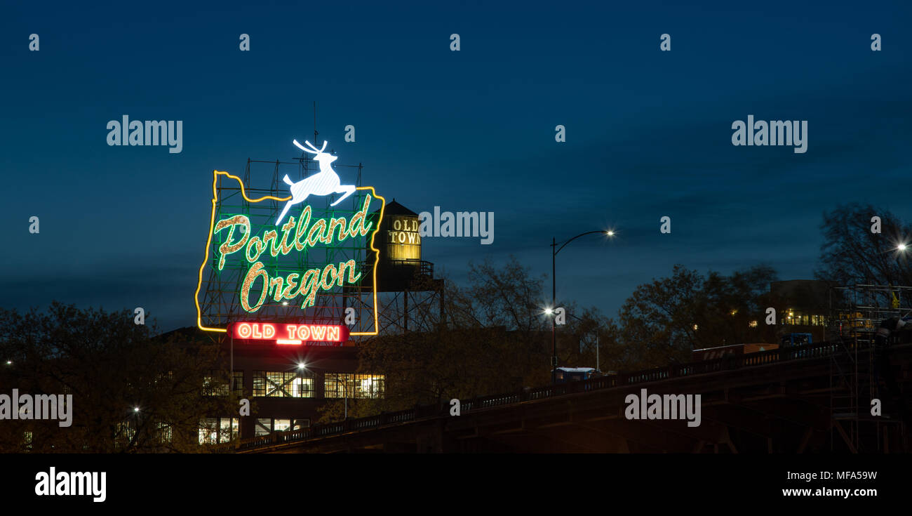 Sunset over the iconic Portland, Oregon Old Town sign in downtown ...