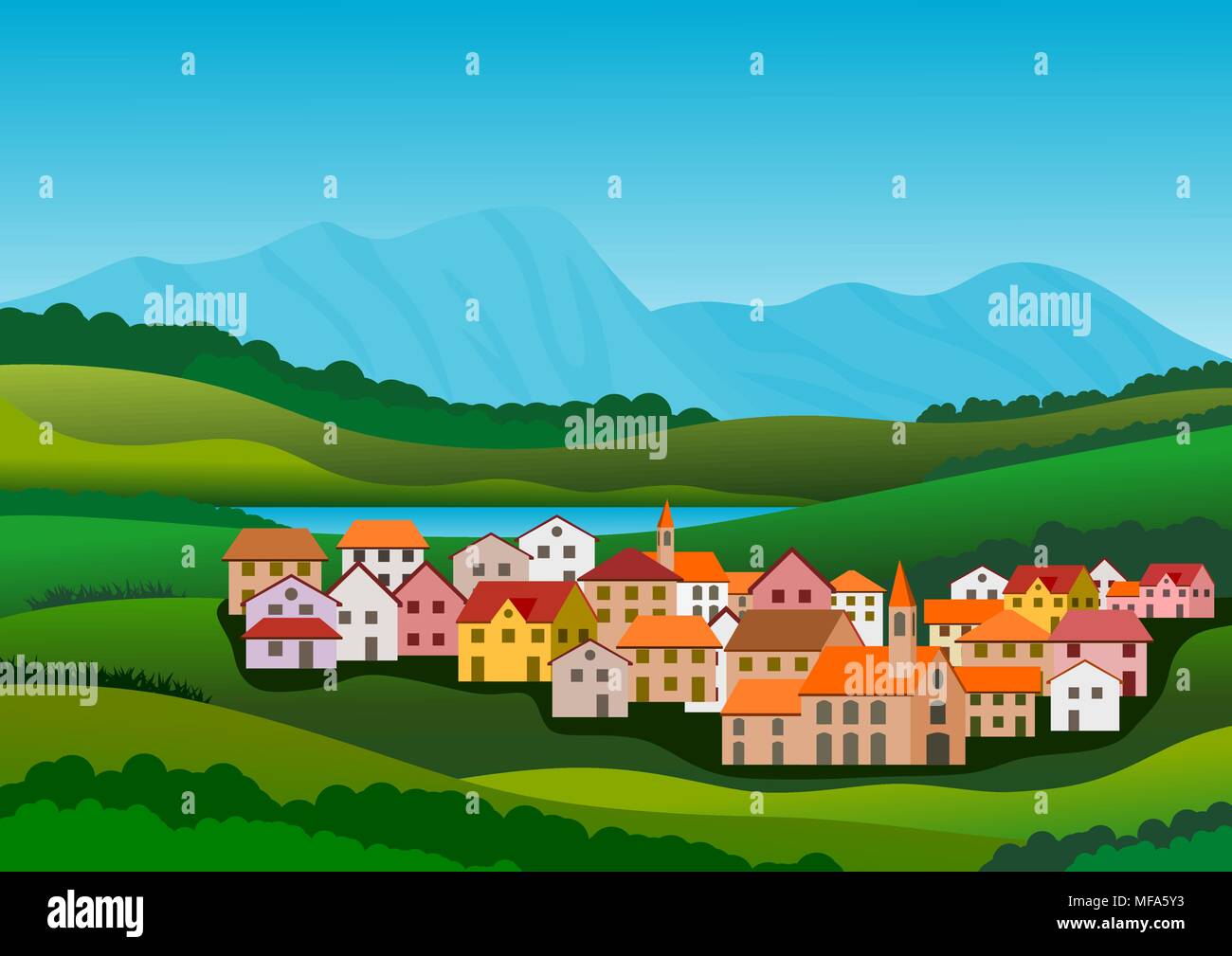 Background with landscape with village. Vector illustration Stock ...