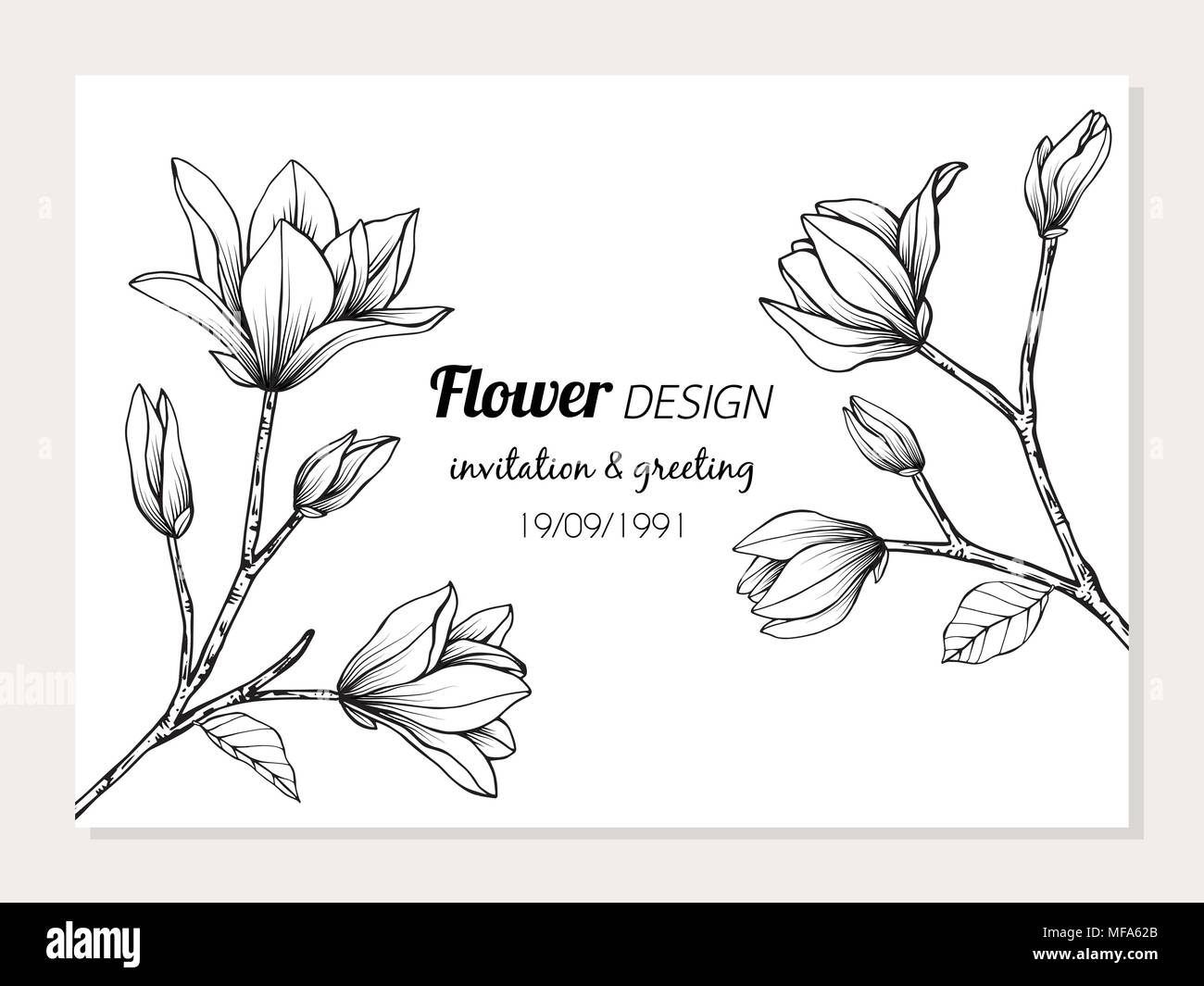 Magnolia flower frame drawing illustration for invitation and greeting ...