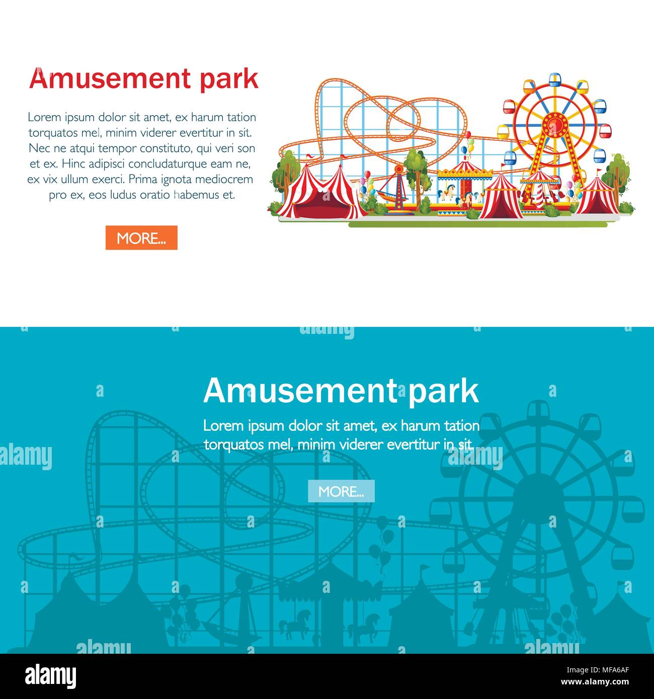 Amusement park. Cartoon style design. Roller coaster, carousel, pirate ...