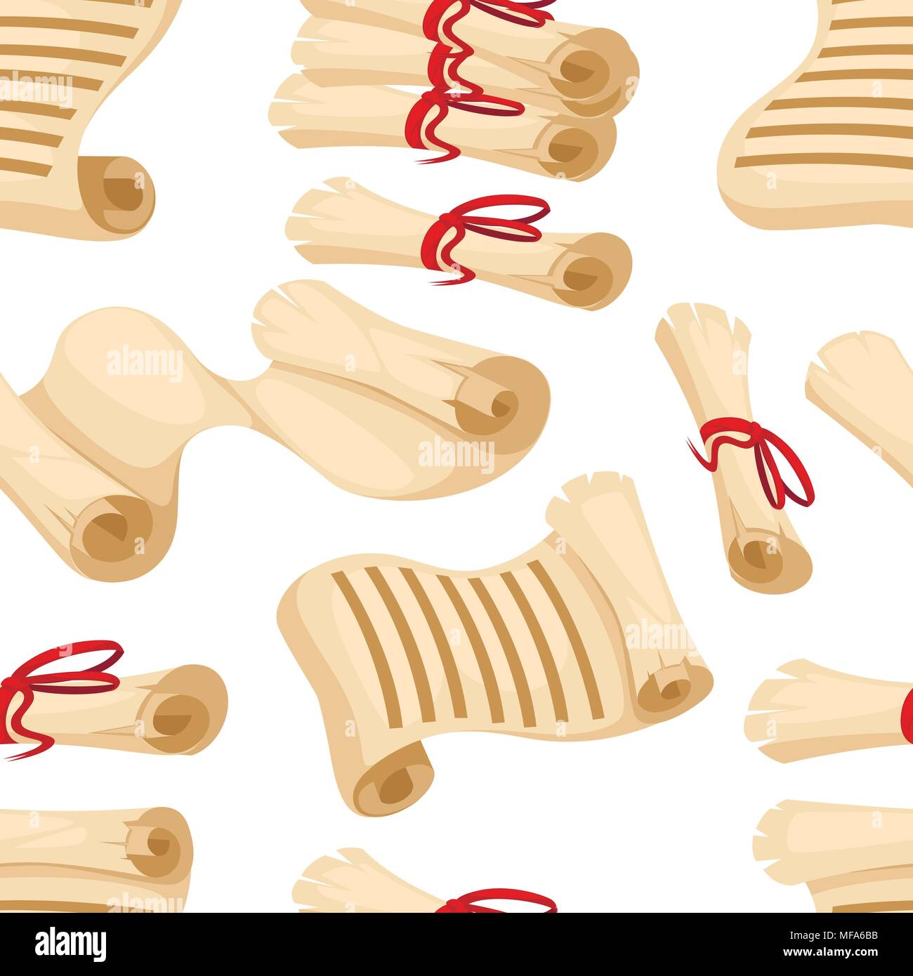 Seamless pattern of Ancient scrolls . Papyrus scroll with red ribbon. Rolled and open old ...