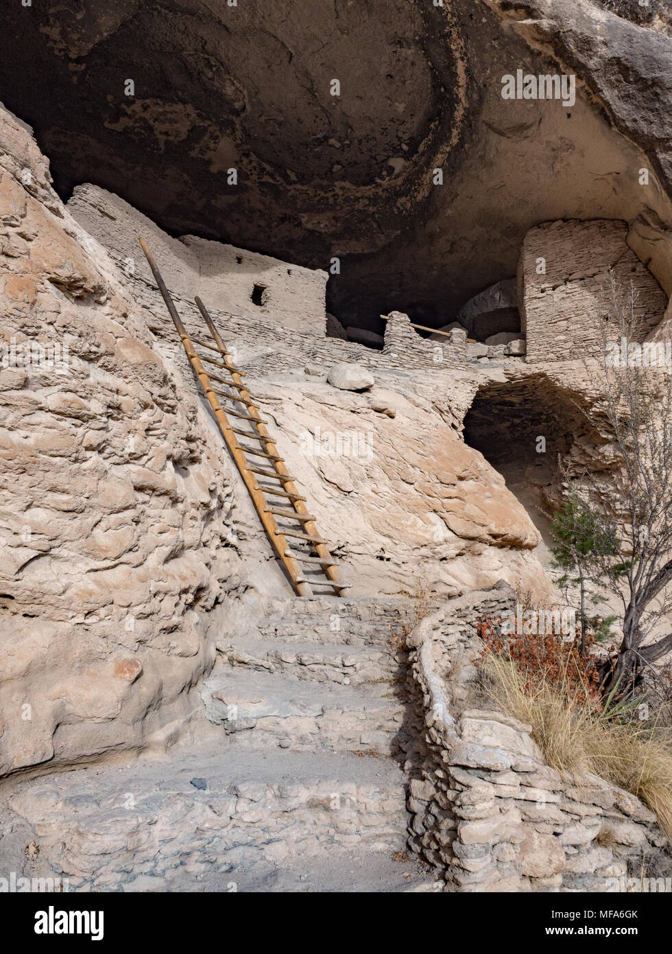 Caves, ladder and cliffs at Gila Cliff Dwellings National Monument ...