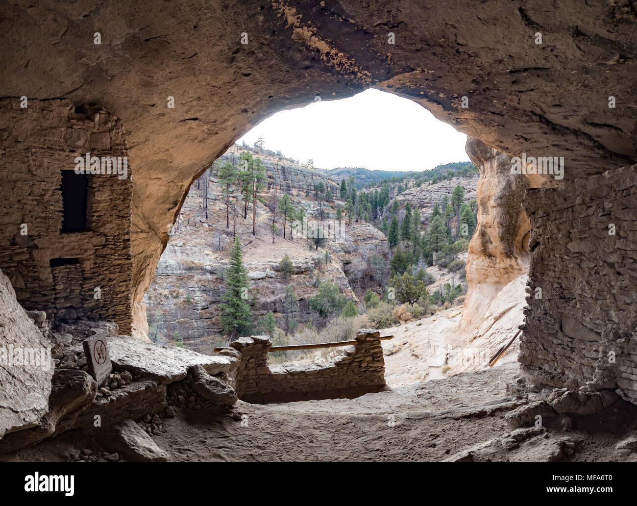 View of cliffs in winter from cave dwelling at Gila Cliff Dwellings ...