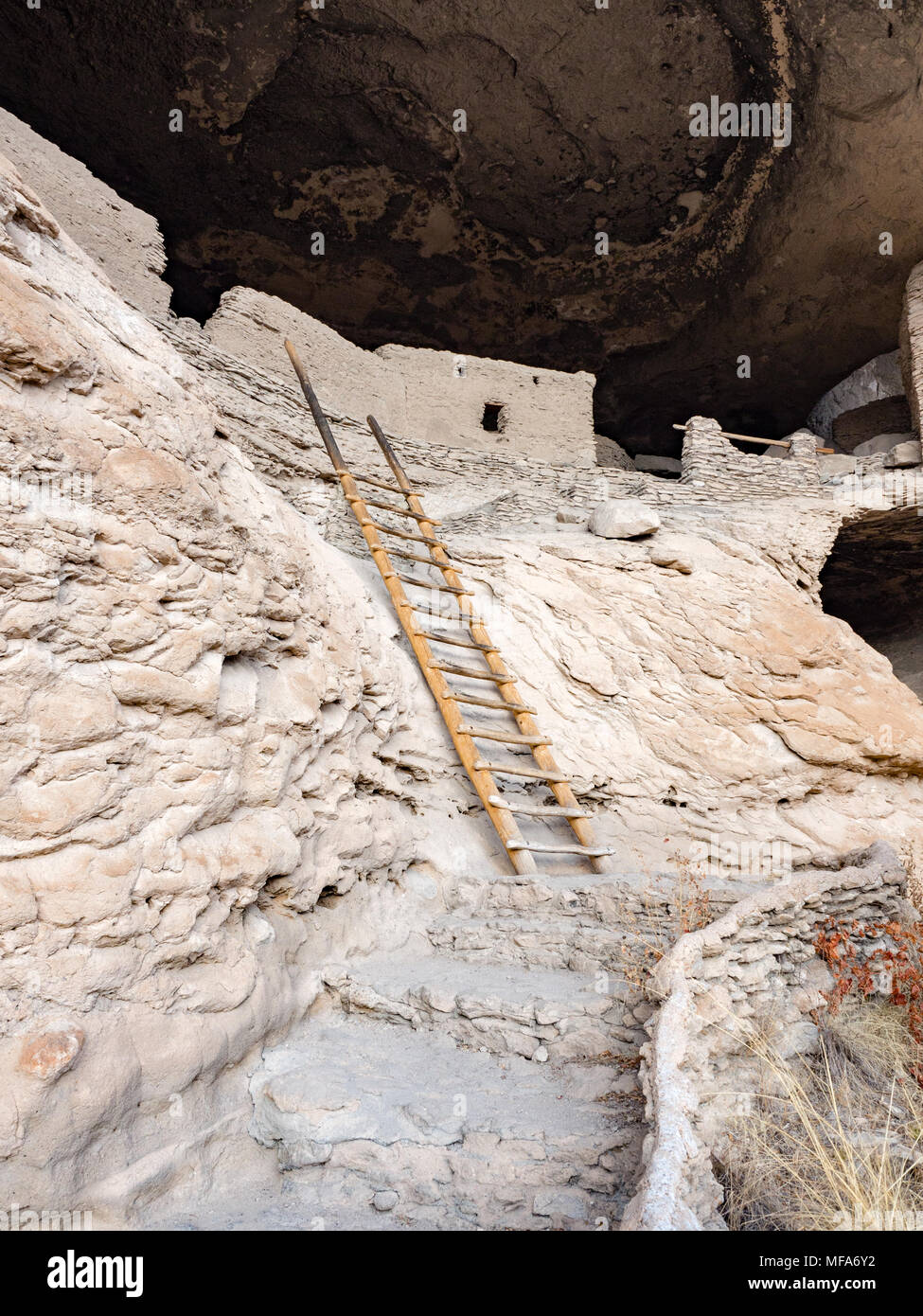 Ladder to ancient cliff dwelling ruins at Gila Cliff Dwellings National ...
