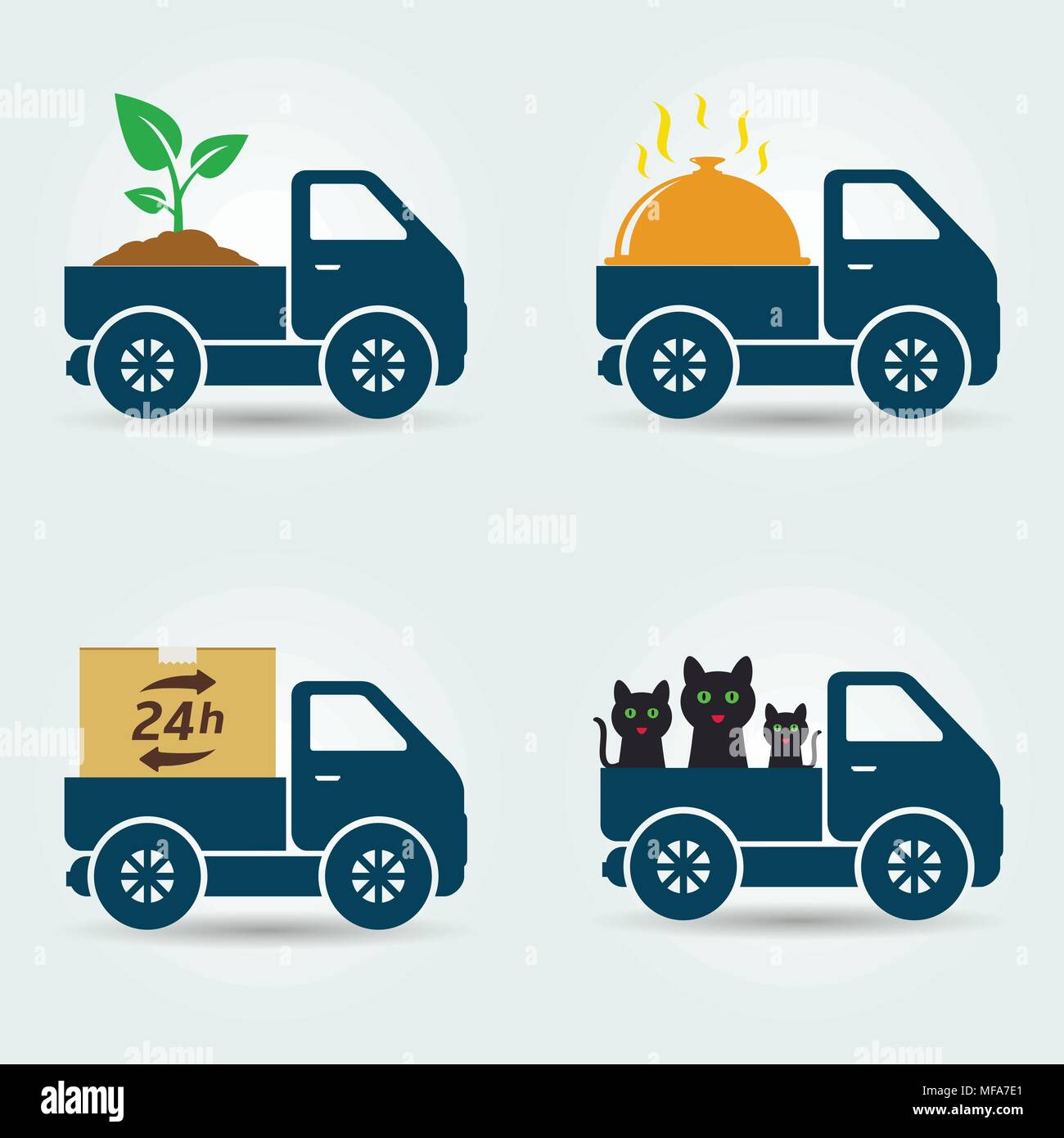 Plants, food, animals and parcels delivery van icons. Vector ...