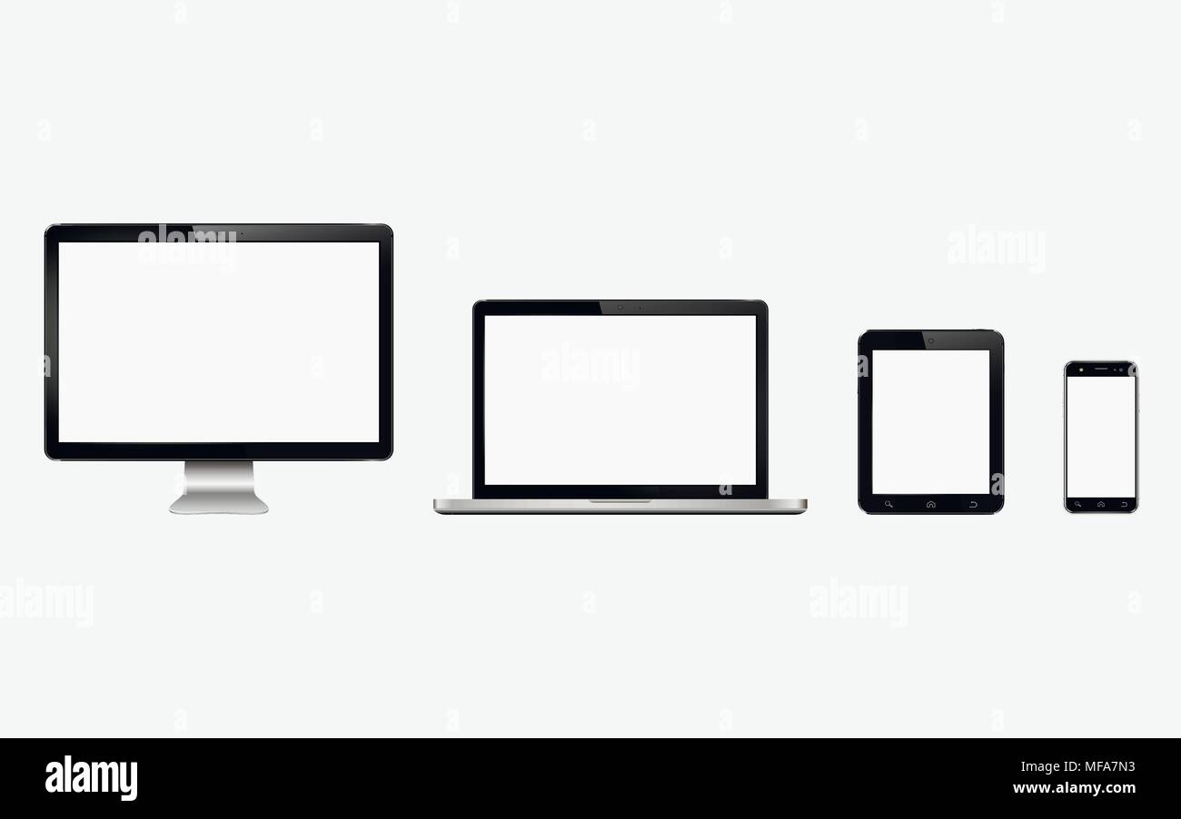 Set of realistic computer monitor, laptop, tablet, mobile phone. Smart ... Set of realistic computer monitor, laptop, tablet, mobile phone. Smart ...