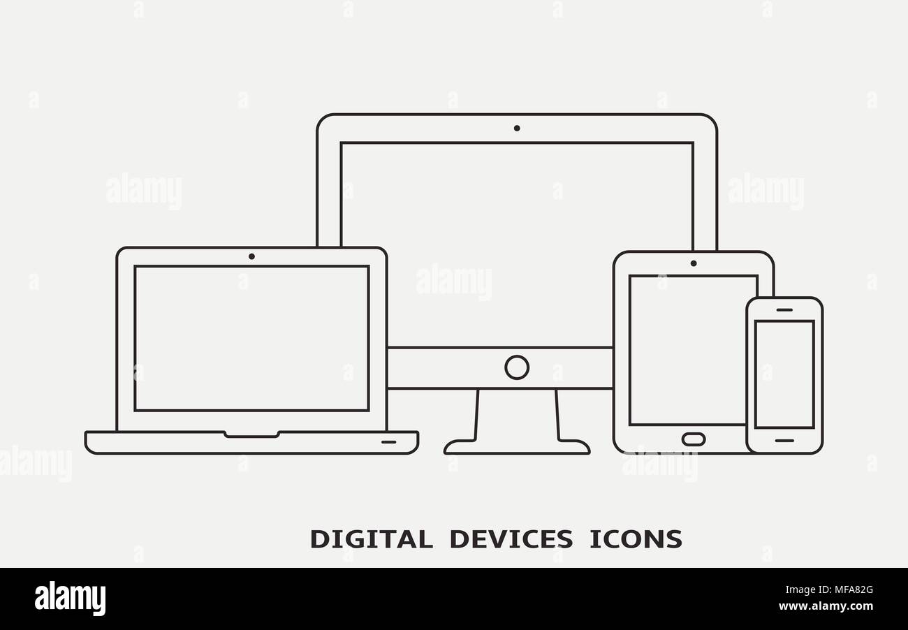 Vector set of outline device icons. Monitor, laptop, tablet pc and ...