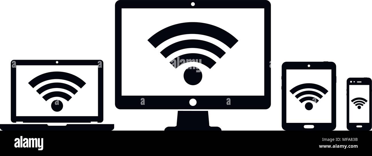 Computer display, laptop, tablet and smartphone icons with wifi ...