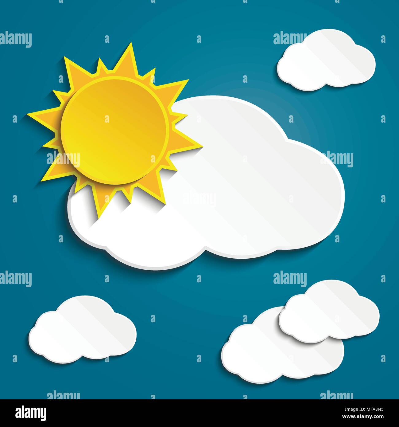 Clouds and sun on blue background, paper art style, vector illustration ...
