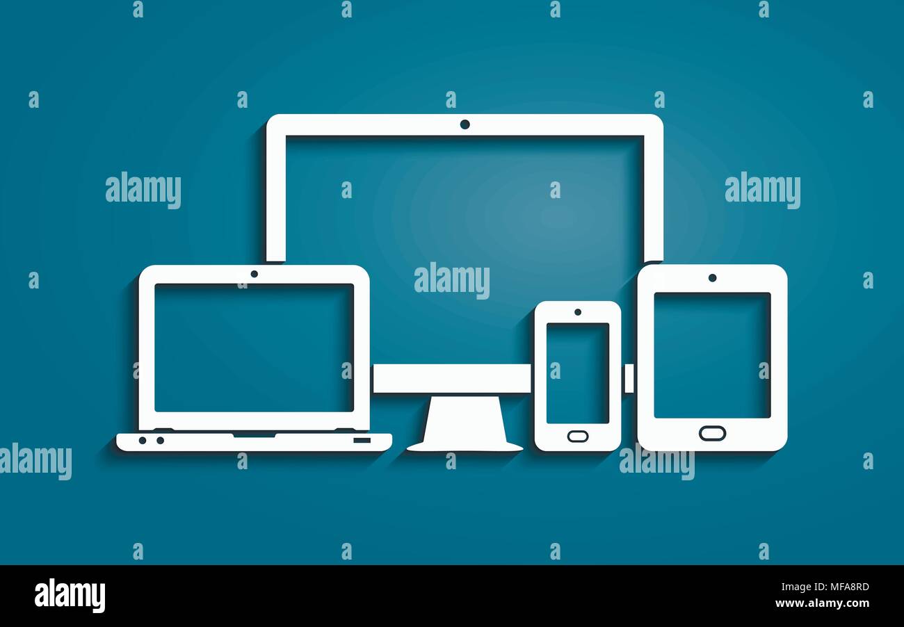 Device icons: smart phone, tablet, laptop and desktop computer. Vector ...