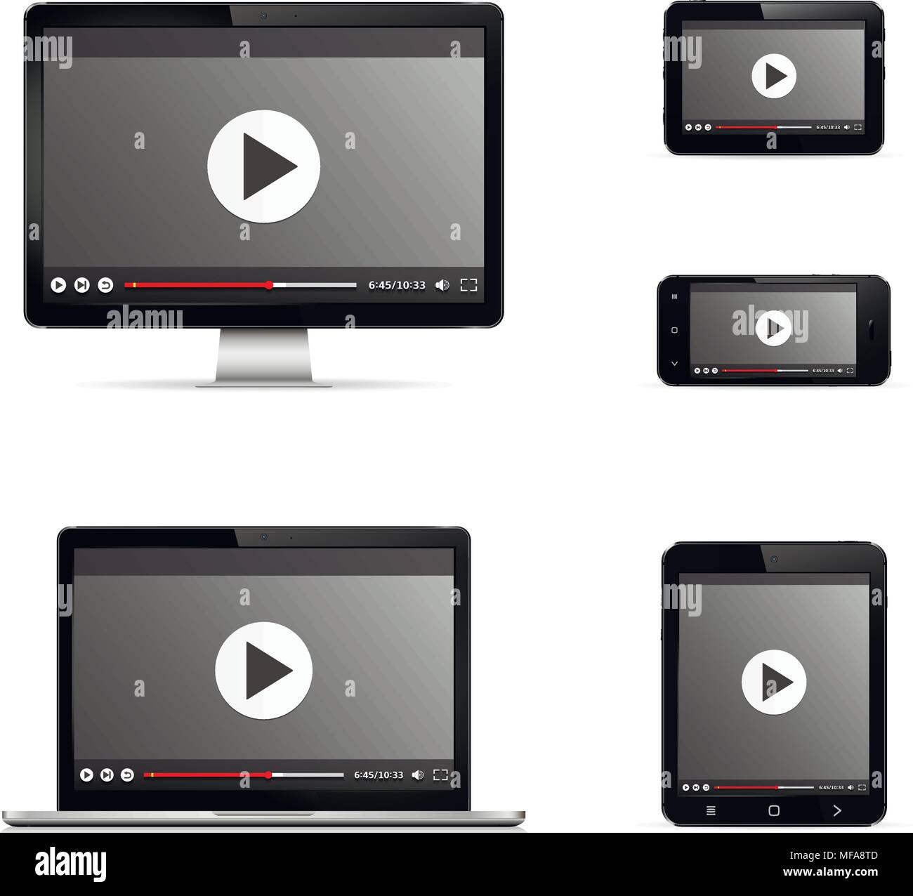 Modern digital devices with web video player on screen. Isolated on ...