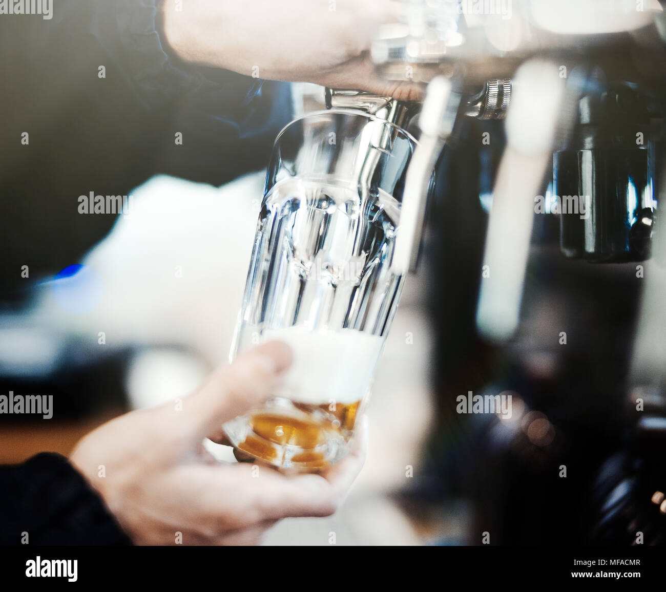 Bartender man poors glass of beer Stock Photo - Alamy