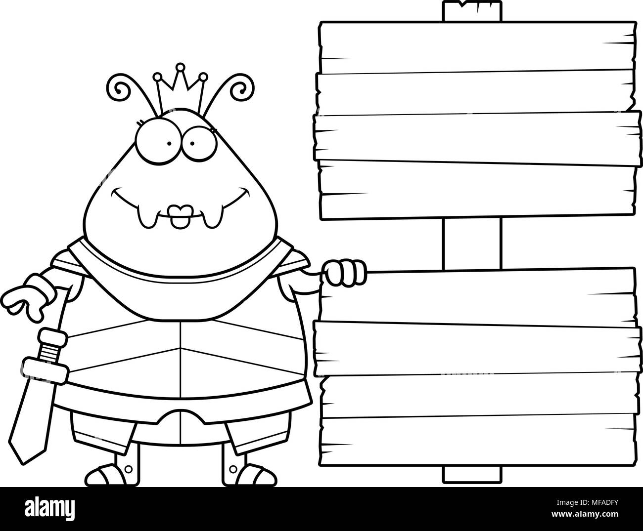 A cartoon illustration of an ant queen in armor with a wooden sign ...