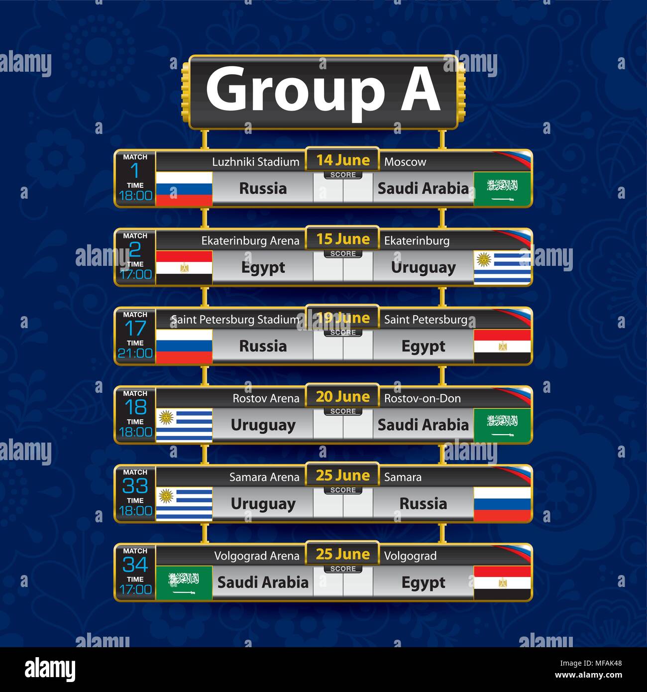 Russia soccer tournament calendar. Group A with the flag of each ...
