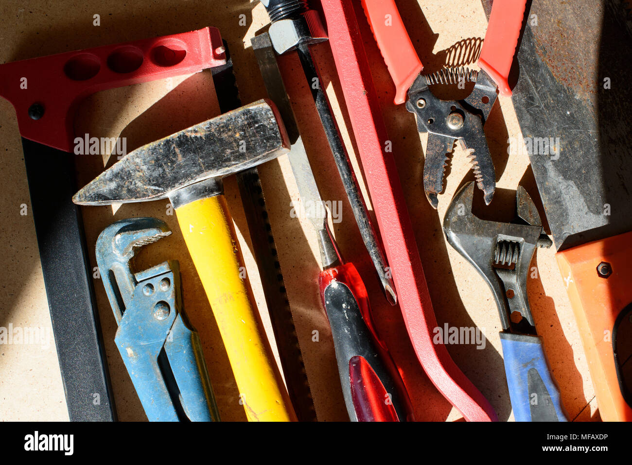 Dirty set of hand tools for house repairs on craft background Stock ...
