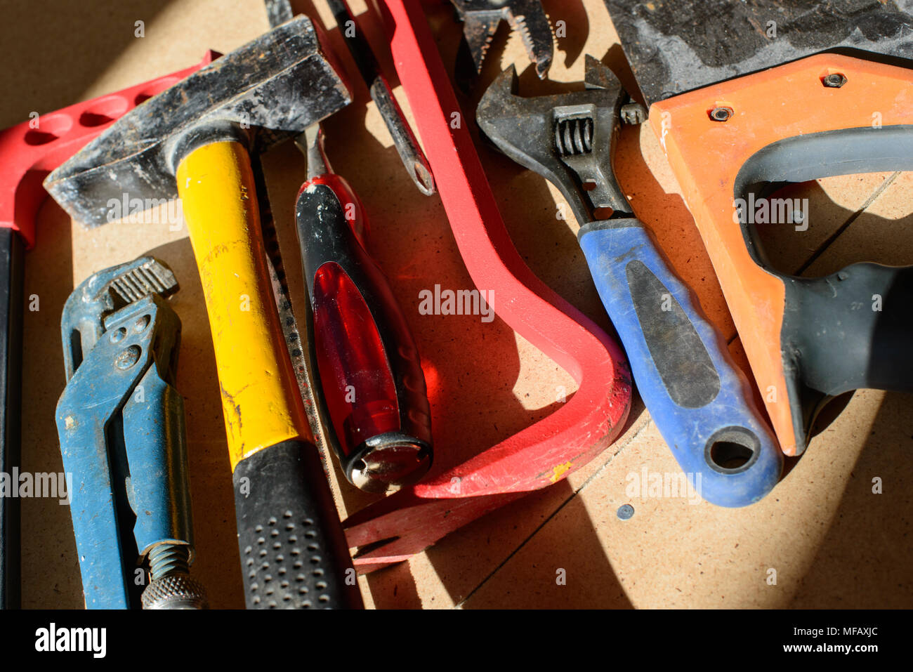 Dirty set of hand tools for house repairs on craft background Stock ...