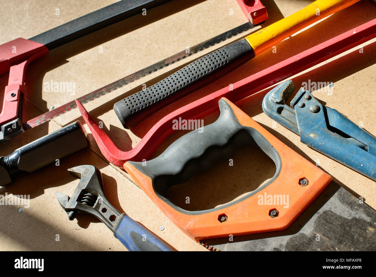 Dirty set of hand tools for house repairs on craft background Stock ...