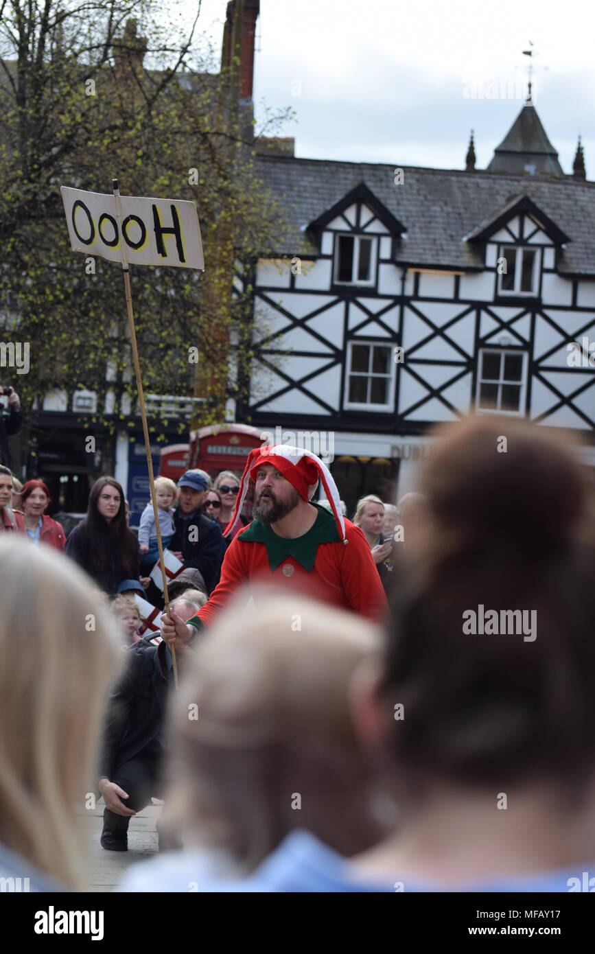 The Jester entertains the crowd at Chester's St George day parade Stock ...