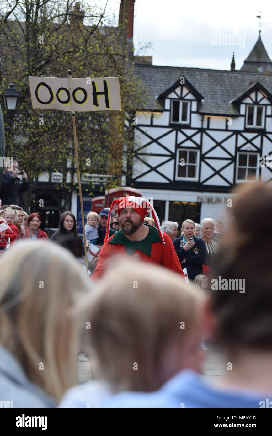 The Jester entertains the crowd at Chester's St George day parade Stock ...