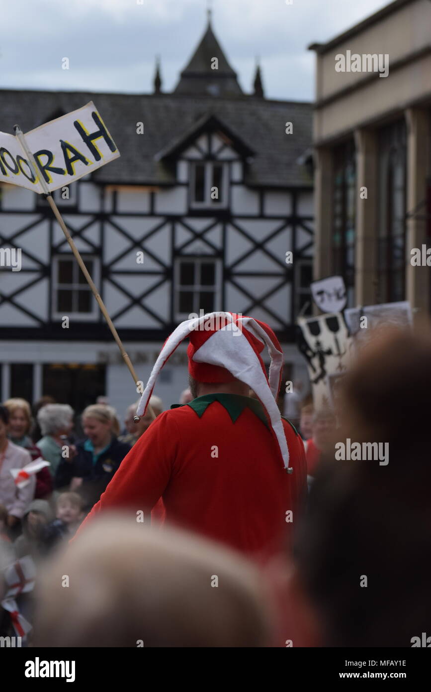 The Jester entertains the crowd at Chester's St George day parade Stock ...