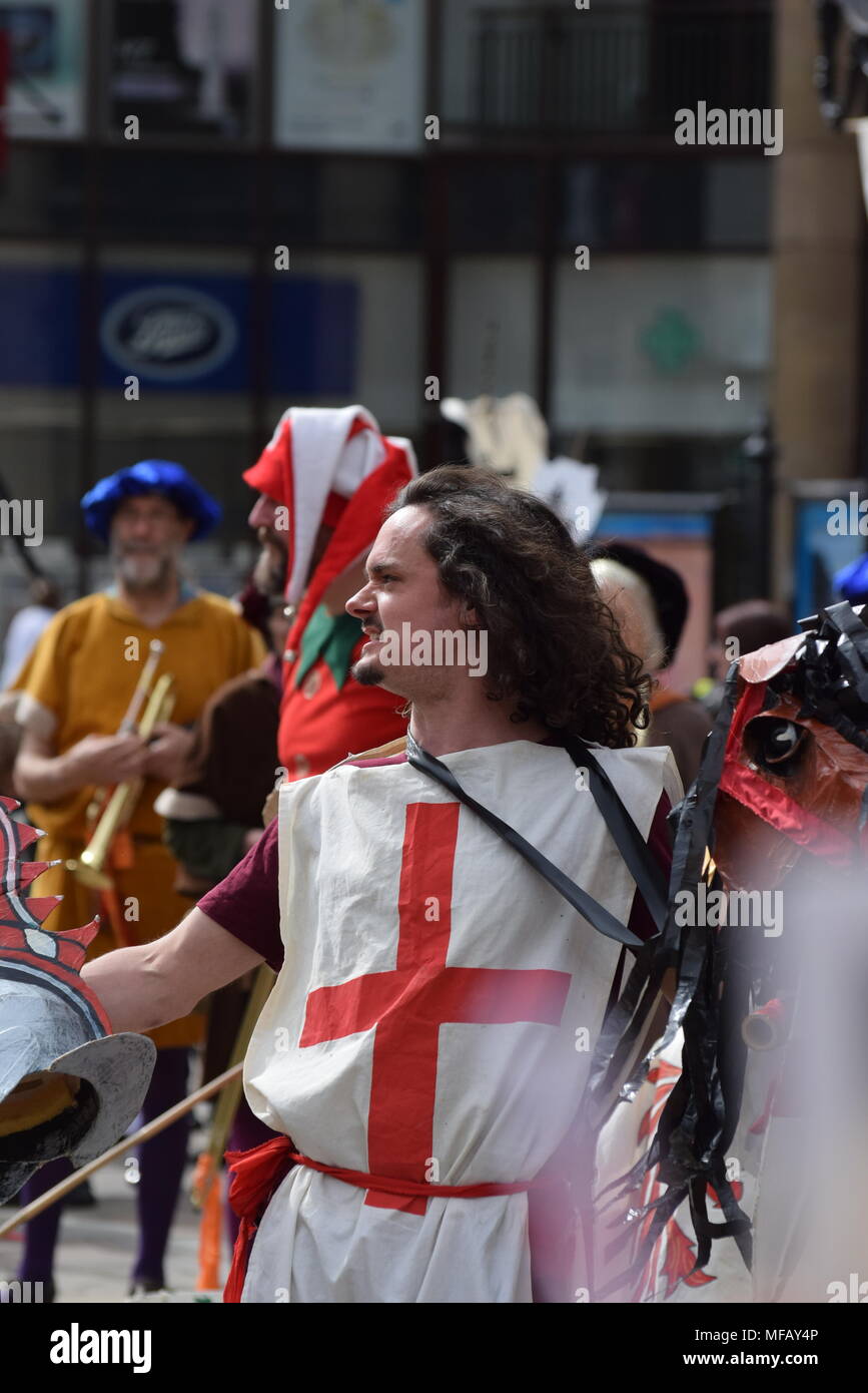 St George makes himself known to the crowd at Chester's St George's day ...
