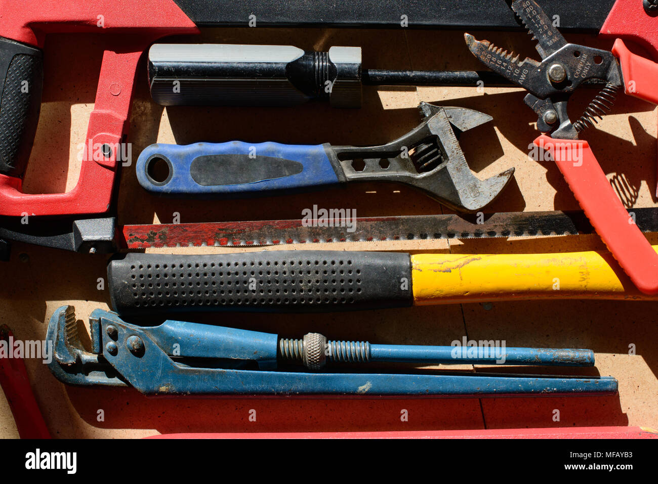 Dirty set of hand tools for house repairs on craft background Stock ...