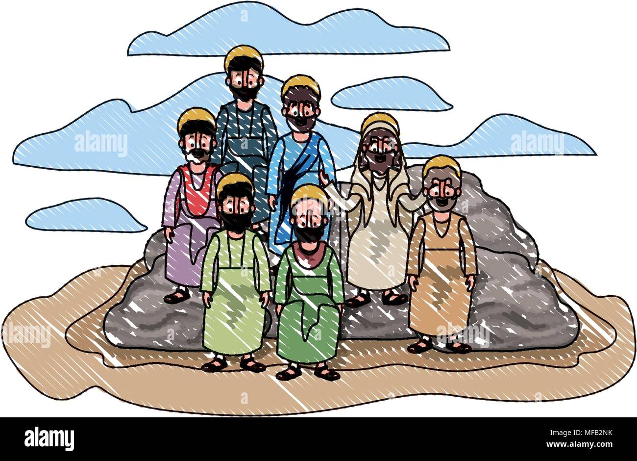 apostles group of Jesus with halo in the rock character Stock Vector ...