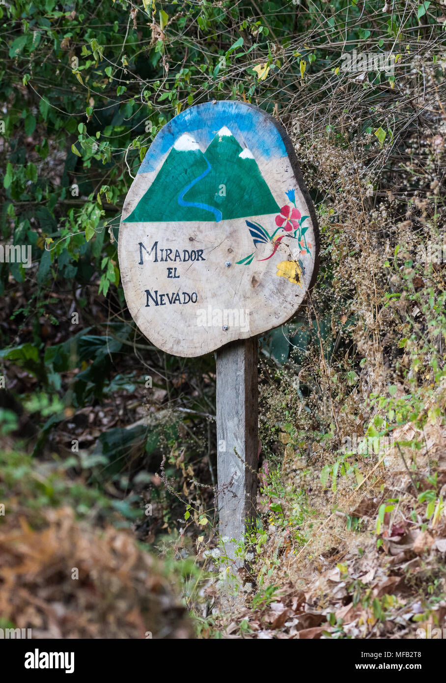 A hand-painted trail sign at foothills of Sierra Nevada. Colombia ...