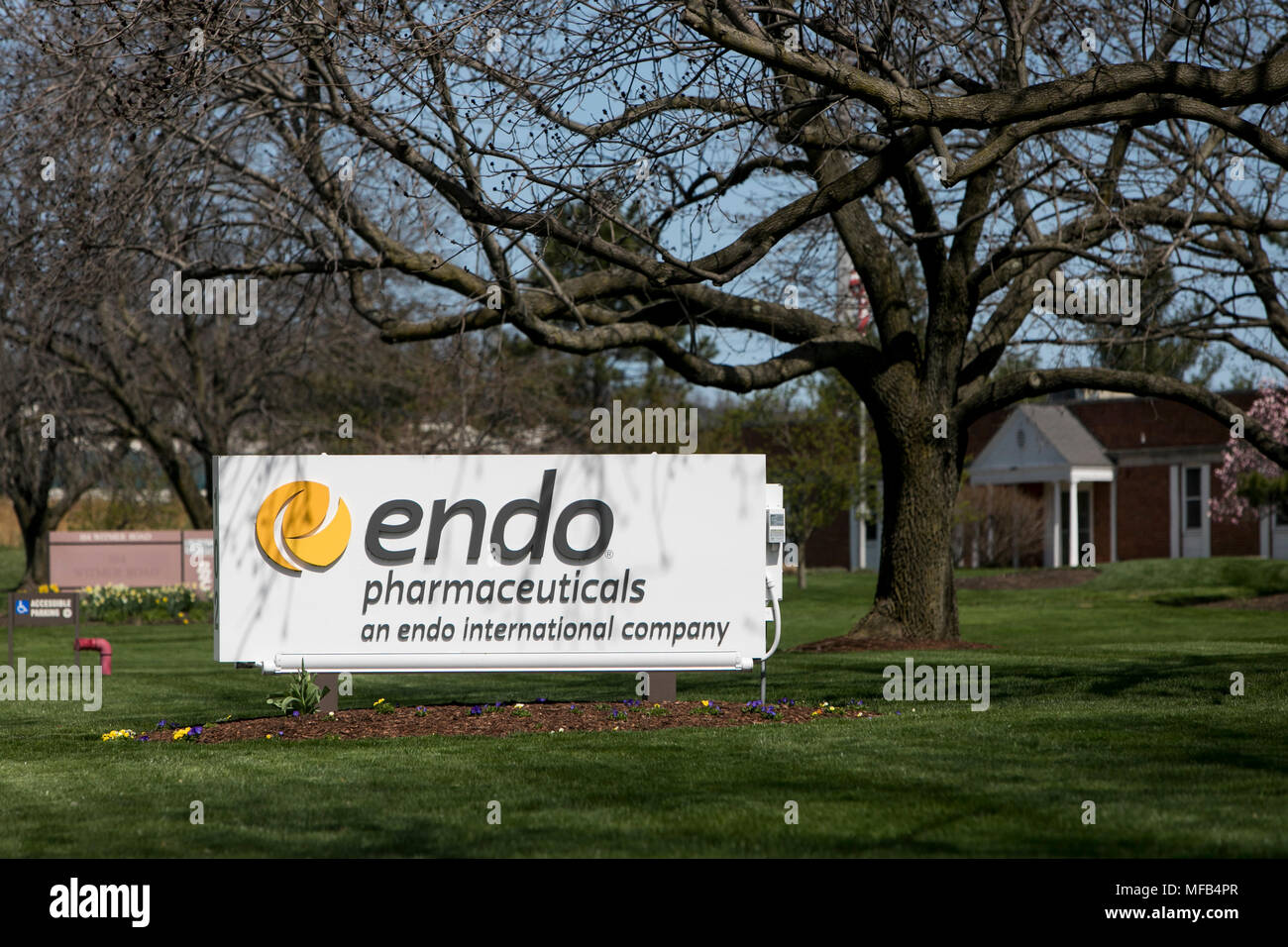 A logo sign outside of a facility occupied by Endo Pharmaceuticals in ...