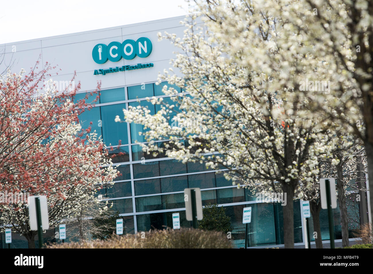 A logo sign outside of a facility occupied by ICON Plc., in North Wales ...