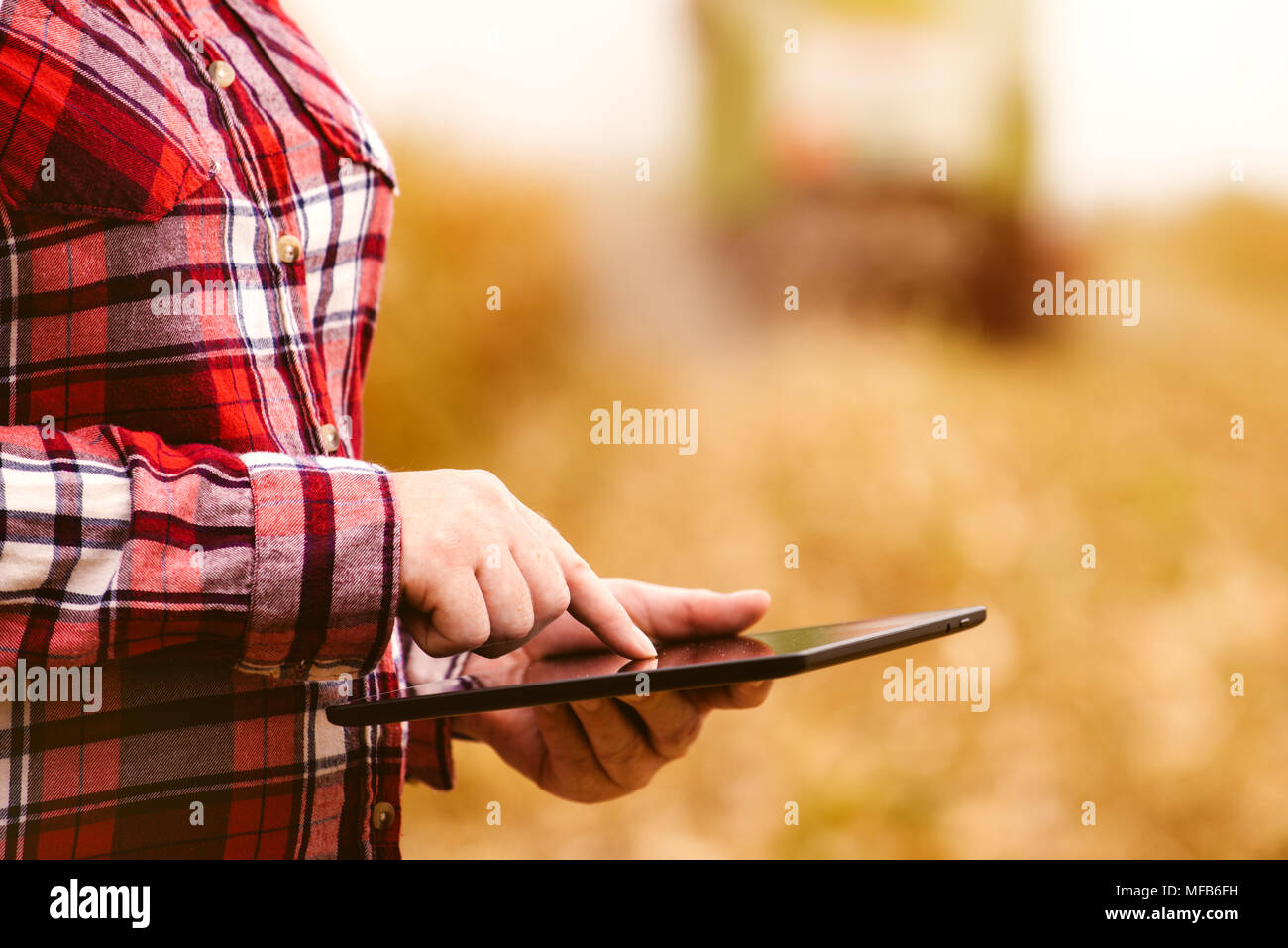 Agronomist farmer using tablet computer in corn field during harvest ...