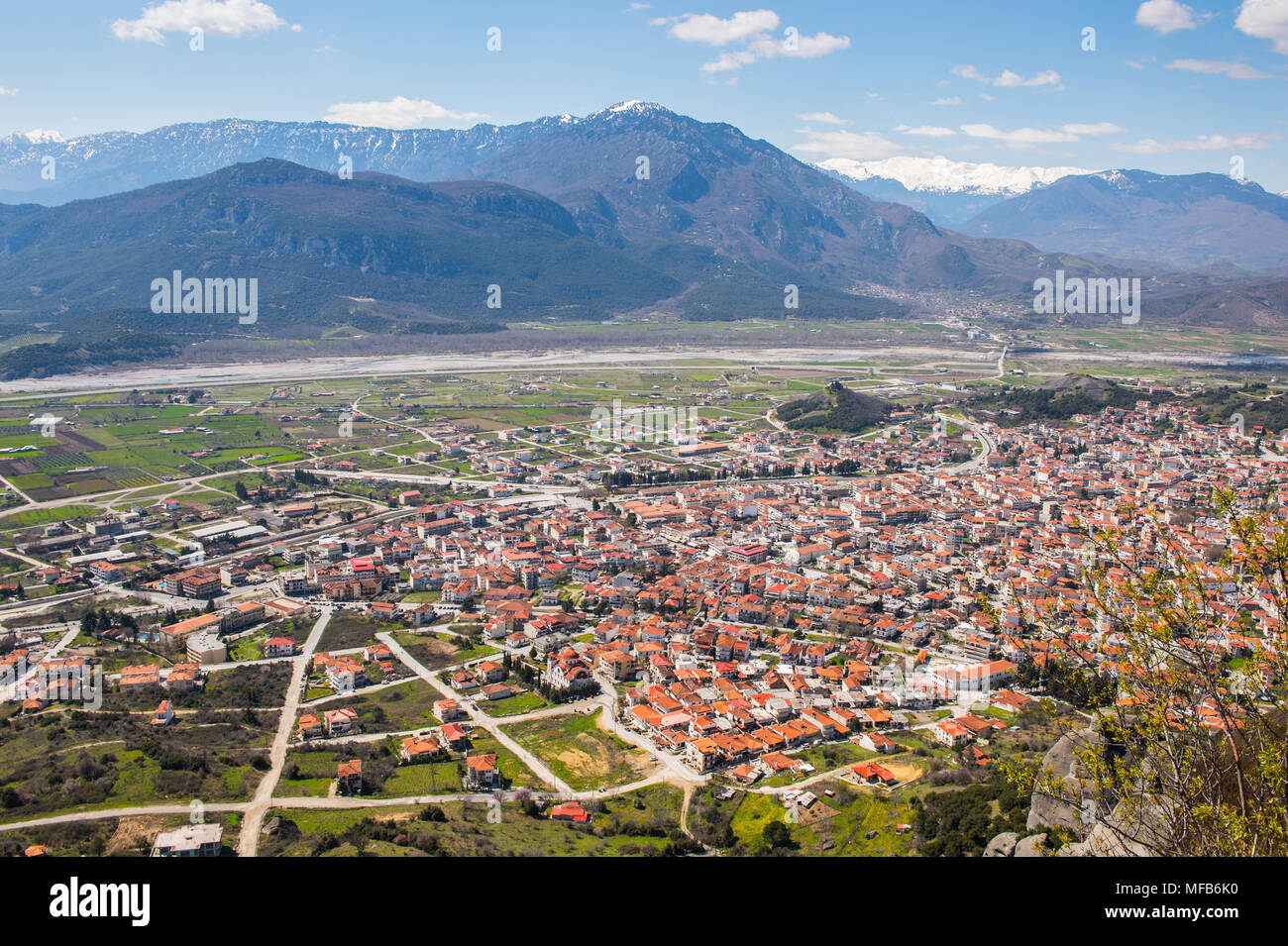 Town of Kalambaka from the Meteora mountains in Thessaly, Greece ...