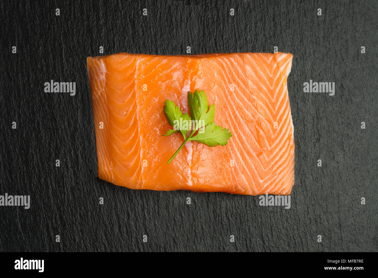 Top view of salmon fillet with coriander in black background Stock ...