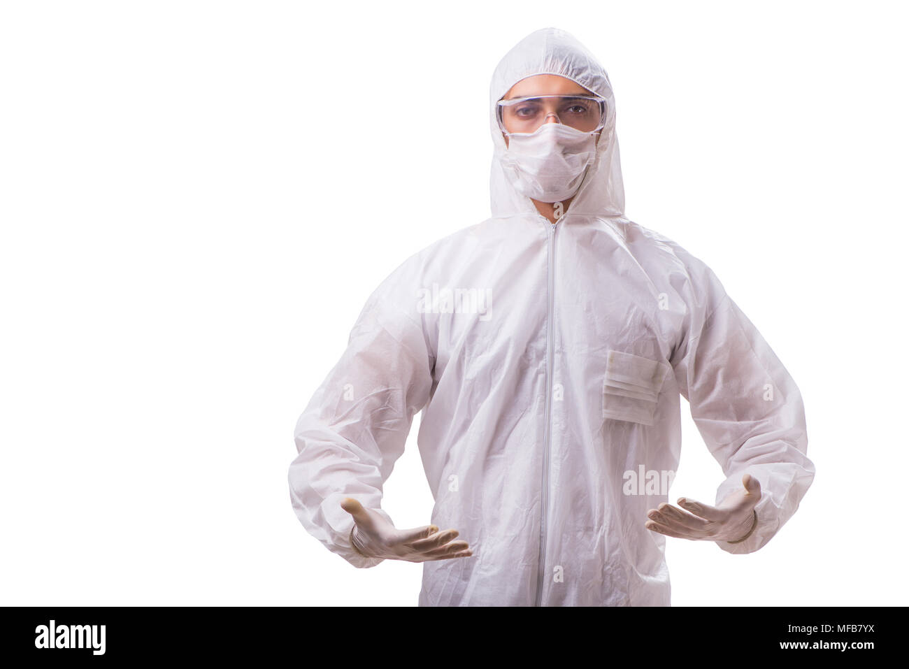 Man in protective suit isolated on white background Stock Photo - Alamy