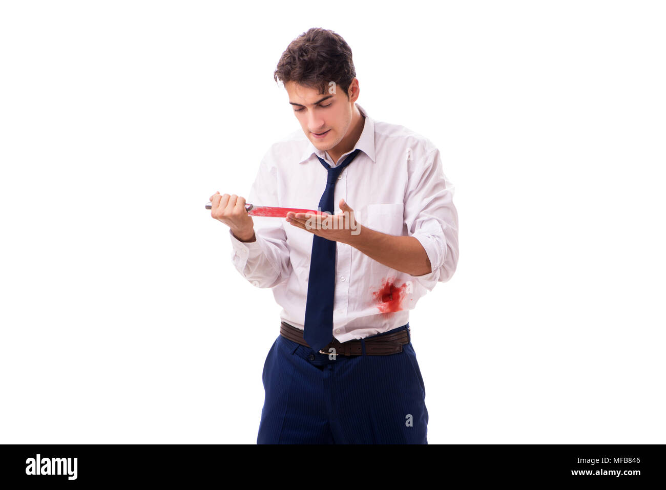 Wounded businessman with blood stains isolated on white background ...
